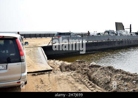 The ferry which crosses the Lena river from Nizhniy Bestyakh on the ...