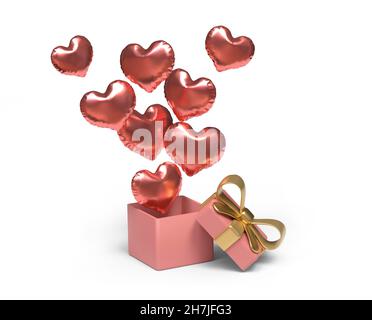 3D pink love heart and present gift box with golden ribbon flower Stock ...
