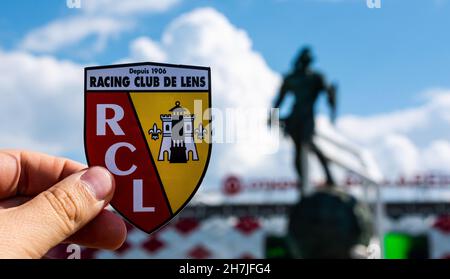 June 14, 2021, Lens, France. The emblem of the RC Lens football club ...