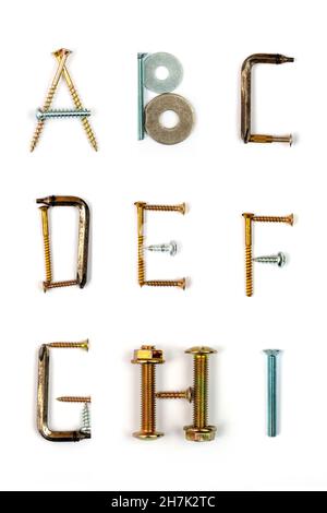 Industrial alphabet. Letters made of nails and screw Stock Photo - Alamy