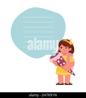 A happy first-grader girl holding a school cone,schultuete.Text in ...