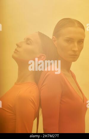 Twin sisters standing back to back by yellow background Stock Photo - Alamy