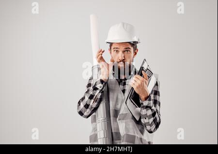 engineer with documents and drawings blueprints studio industry Stock ...
