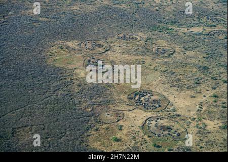 Aerial of tribal krals, Eastern Equatoria State, South Sudan Stock ...