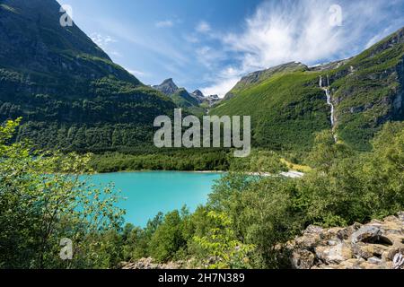 Lake Lovatnet, Turquoise Lake with Mountain Flanks and Waterfalls, Loen ...