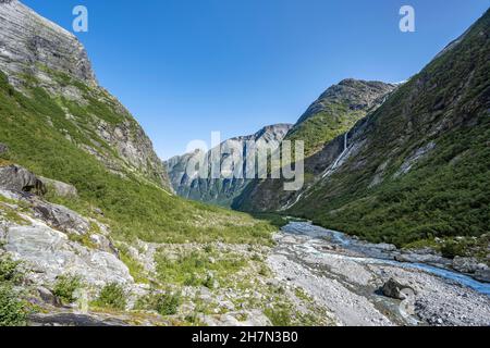River Kjenndalselva in the glacial valley of the Kjenndalsbreen glacier ...