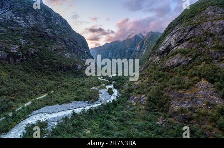 River Kjenndalselva in the glacial valley of the Kjenndalsbreen glacier ...