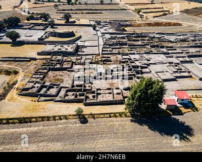 Aerial of the Mesoamerican archaeological site Tecoaque, Tlaxcala ...