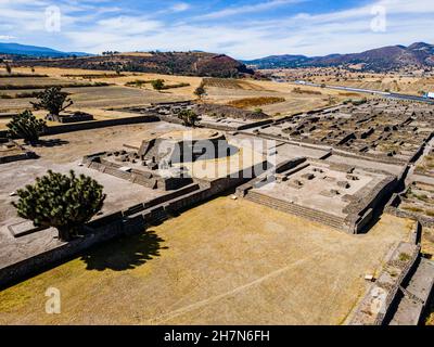 Aerial of the Mesoamerican archaeological site Tecoaque, Tlaxcala ...