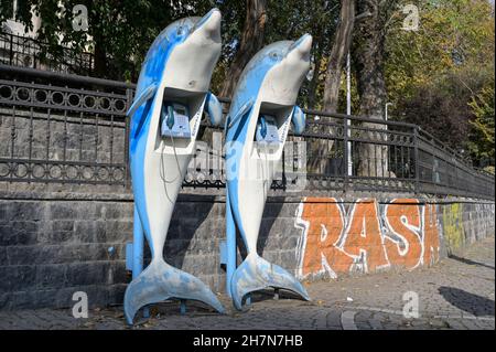 TURKEY, Istanbul, Karaköy, funny telephone booth in dolphin style ...