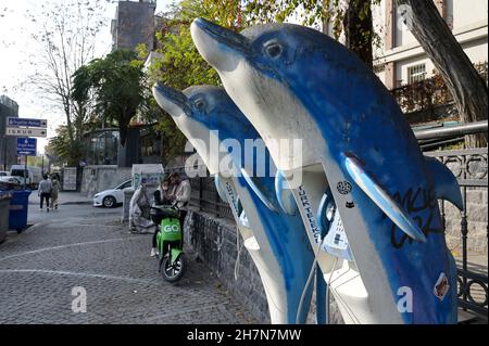 TURKEY, Istanbul, Karaköy, funny telephone booth in dolphin style ...