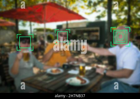 Face recognition signs and tags on people faces. Privacy and personal ...