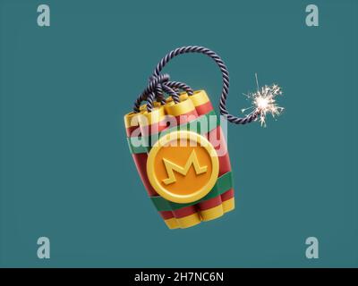 3D illustration of a dynamite bomb with coin cryptocurrency on a blue ...