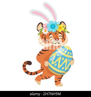 Cartoon tiger with Easter egg as Easter bunny. Easter 2022, April ...