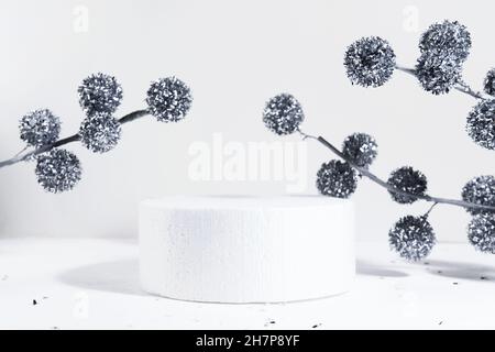 Empty podium stage Christmas decorations on dark blue background Stock ...