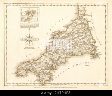 Antique county map of CORNWALL by JOHN CARY. Original outline colour ...