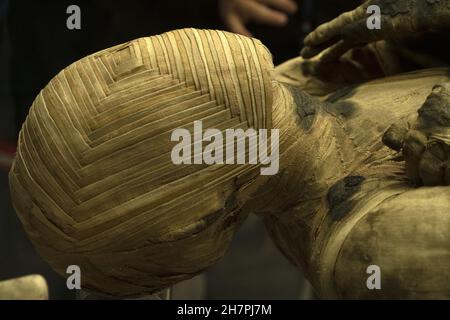 Egyptian mummy close up detail with hieroglyphs background Stock Photo ...
