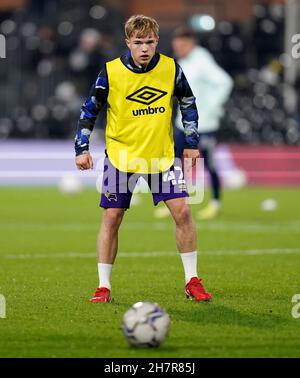 Derby County's Liam Thompson warms up during the Sky Bet Championship ...