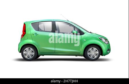 Green small hatchback car isolated on white background Stock Photo - Alamy