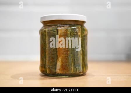 Homemade canned fried lamprey fish with marinade Stock Photo - Alamy