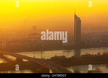 Wien, Vienna: sunrise at Vienna, river Donau (Danube), Millennium Tower ...