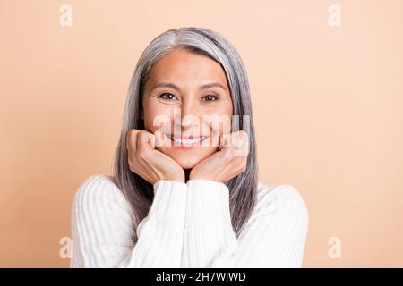 Photo of adorable positive lady beaming smile good mood receive ...