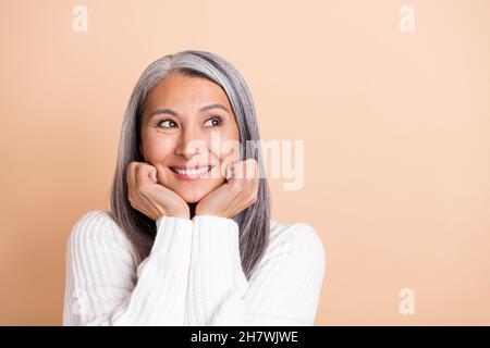 Photo of funny dreamy lady look empty space dancing enjoying her ...