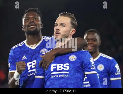 Leicester City's James Maddison and Patson Daka celebrates the third ...