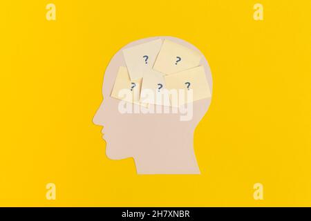 Human head with sticky notes on yellow background Stock Photo - Alamy