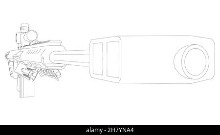 Outline of a military machine gun from black lines isolated on a white ...