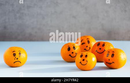 Citrus, mandarin emoji, tangerine with painted faces. Negative emotions ...