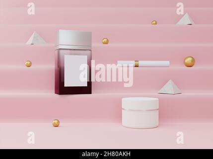 Square perfume bottles and cream jars on pink background Stock Photo ...