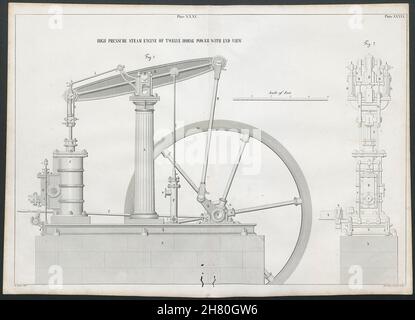 VICTORIAN ENGINEERING DRAWING. 12hp High pressure steam engine 1847 old ...