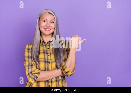Photo of positive lady promoter make thumb up symbol advertise ...