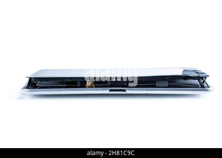 Tablet destroyed by exploded lithium battery isolated on white Stock ...