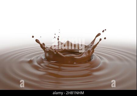 Liquid Chocolate pool with crown splash and ripples. Isolated On white ...