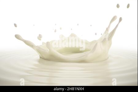 Milk crown splash, splashing in milk pool with ripples. Side view. On ...