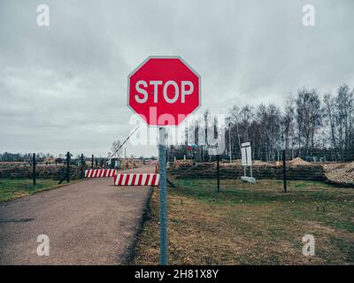 Road checkpoint with STOP sign. Peacekeeping Force Post. Blocking the ...