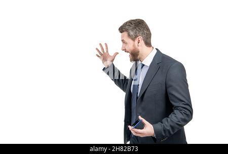 Angry executive manager in formal suit scream gesticulating half-turn ...
