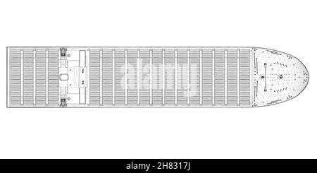 Large ship wireframe with containers from black lines isolated on white ...