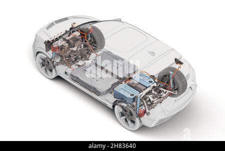 Electric generic car technical cutaway 3d rendering with all main ...