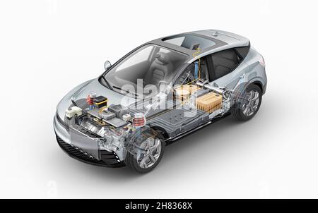 Electric generic car technical cutaway 3d rendering with all main ...