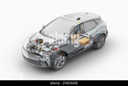 Electric generic car technical cutaway 3d rendering with all main ...