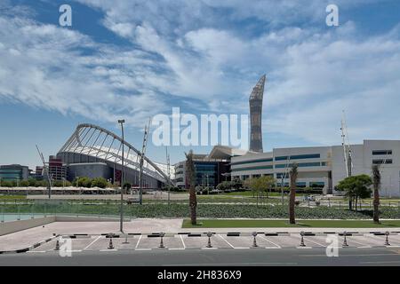 Khalifa International Stadium and the Torch Tower in Doha, Qatar Stock ...