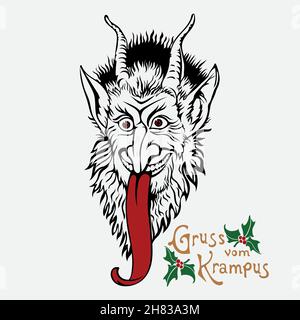Christmas illustration, postcard. Krampus Central European folklore ...