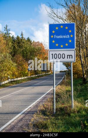 Sign “Frankreich” (France) at the French German border, sign in the ...
