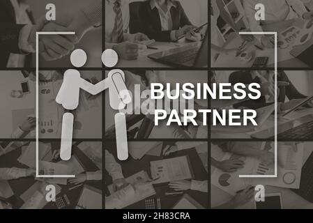 Business partner concept illustrated by pictures on background Stock ...