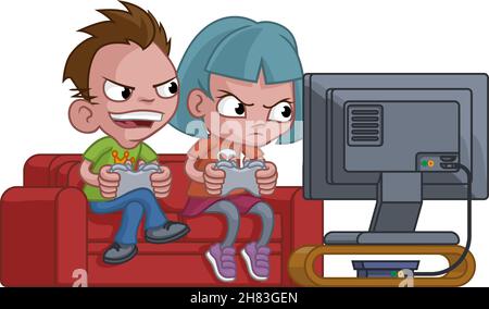 Kids Gamers Playing Video Games Console Cartoon Stock Vector Image ...
