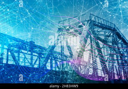 Railway metal bridge view. Cargo transit. Connected lines and dots ...