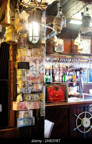 Bar inside the nautical themed The Mermaid seafood restaurant, St Ives ...